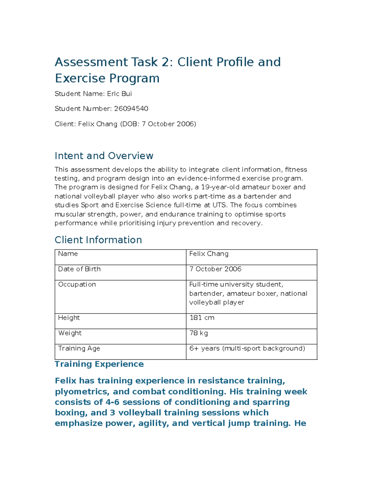 Assessment Task 2: Client Profile & Exercise Program for Felix Chang ...