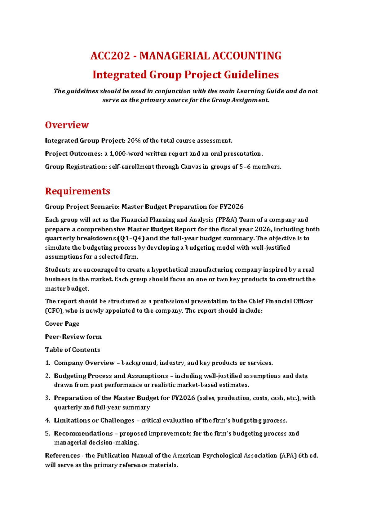 ACC202 MANAGERIAL ACCOUNTING Integrated Group Project Overview - Studocu