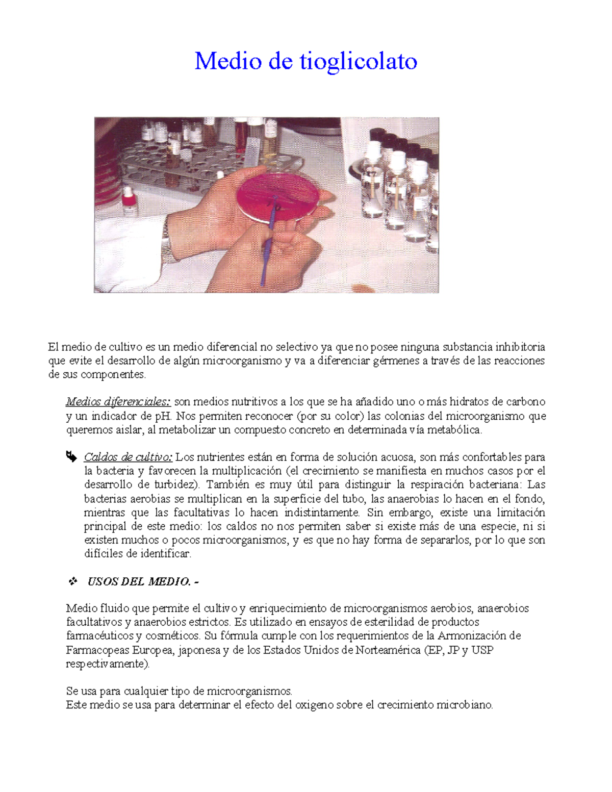 Tioglicolato en medios de cultivo: Composición y usos microbiológicos ...