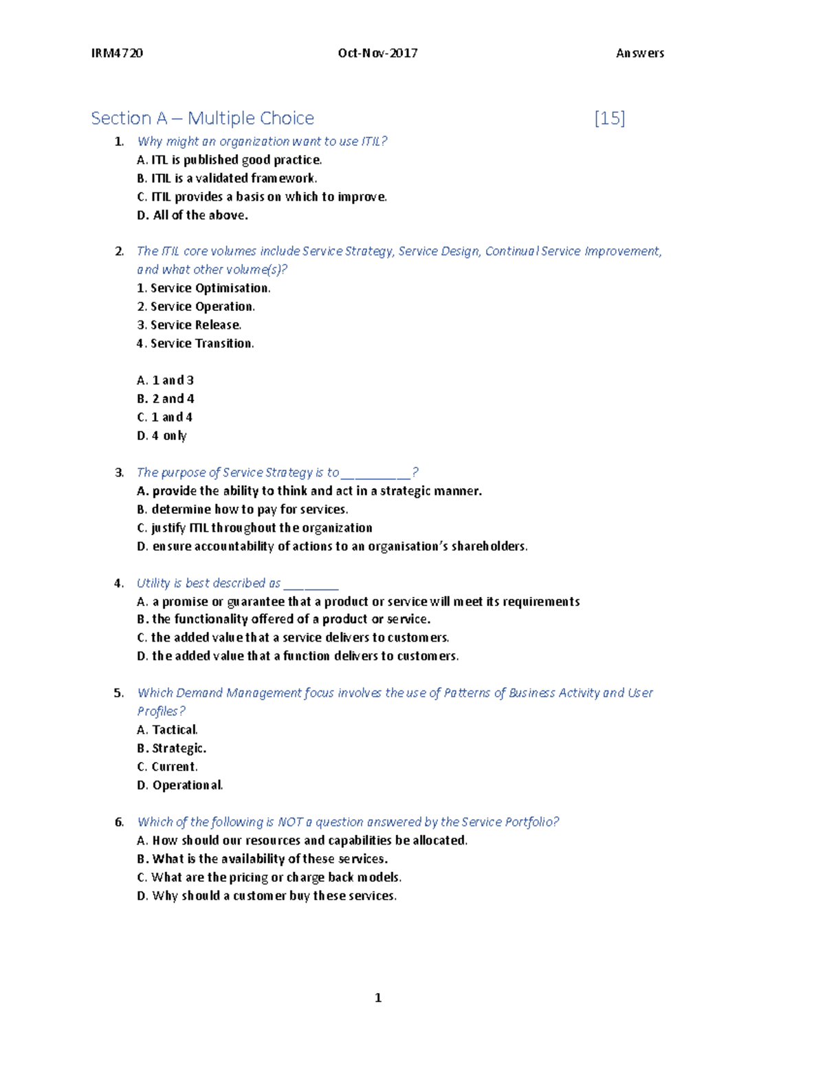 IRM4720 Oct-Nov 2017 Multiple Choice & Short Answer Solutions - Studocu