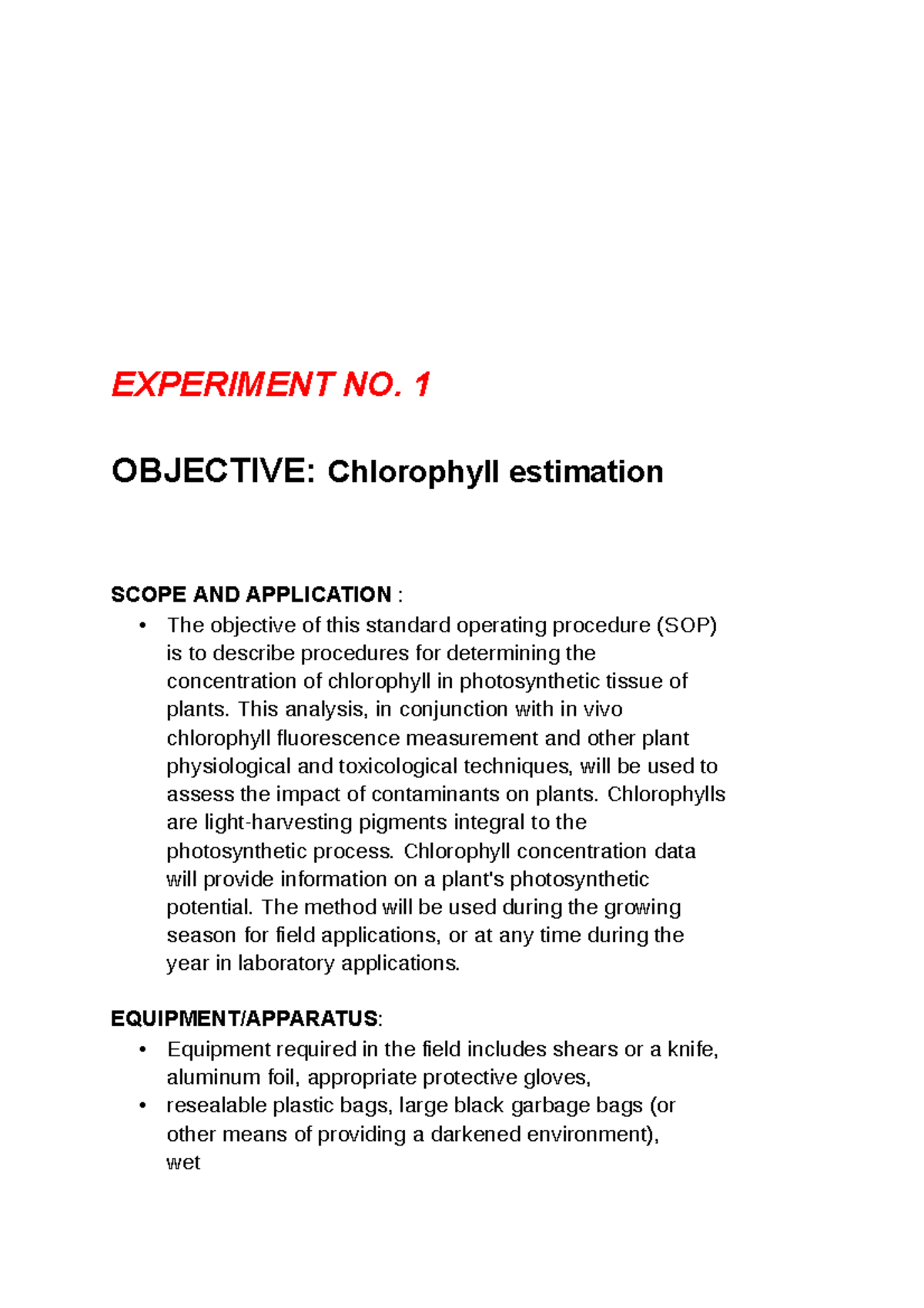 Chlorophyll Concentration Estimation in Plant Tissue: SOP - Studocu