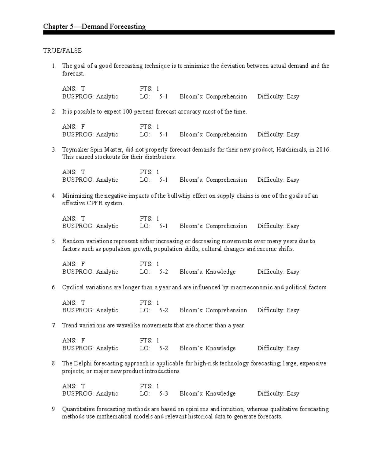 Demand Forecasting Test Questions (5e Chapter 5) - Studocu
