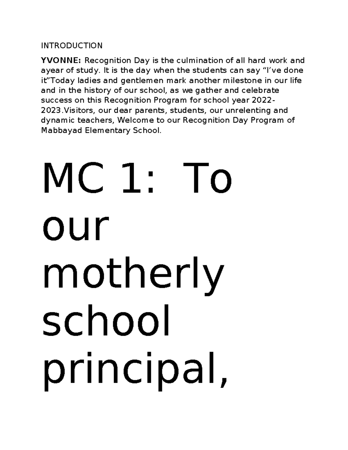 Recognition Day Emcee Script for Mabbayad Elementary School 2022-2023 ...