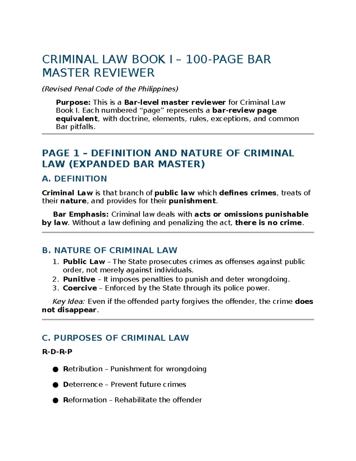 CRIMINAL LAW BOOK I: 100-Page Bar Master Reviewer (RPC PH) - Studocu
