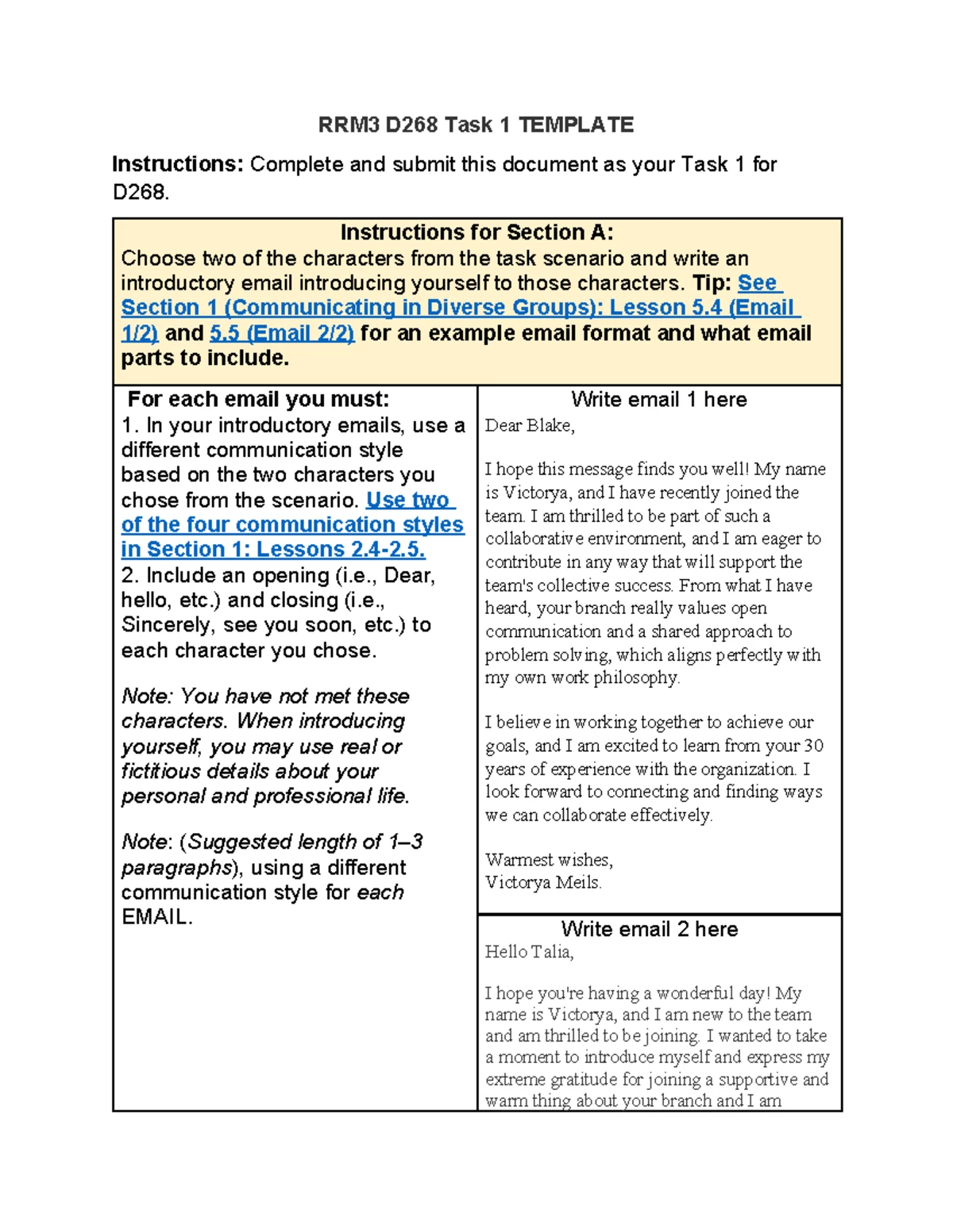 D268 Task 1 - communications assessment - RRM2 D268 Task 1 Miranda ...