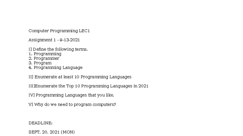 Comp Programming LEC1 Assignment 1: Key Terms & Languages - Studocu