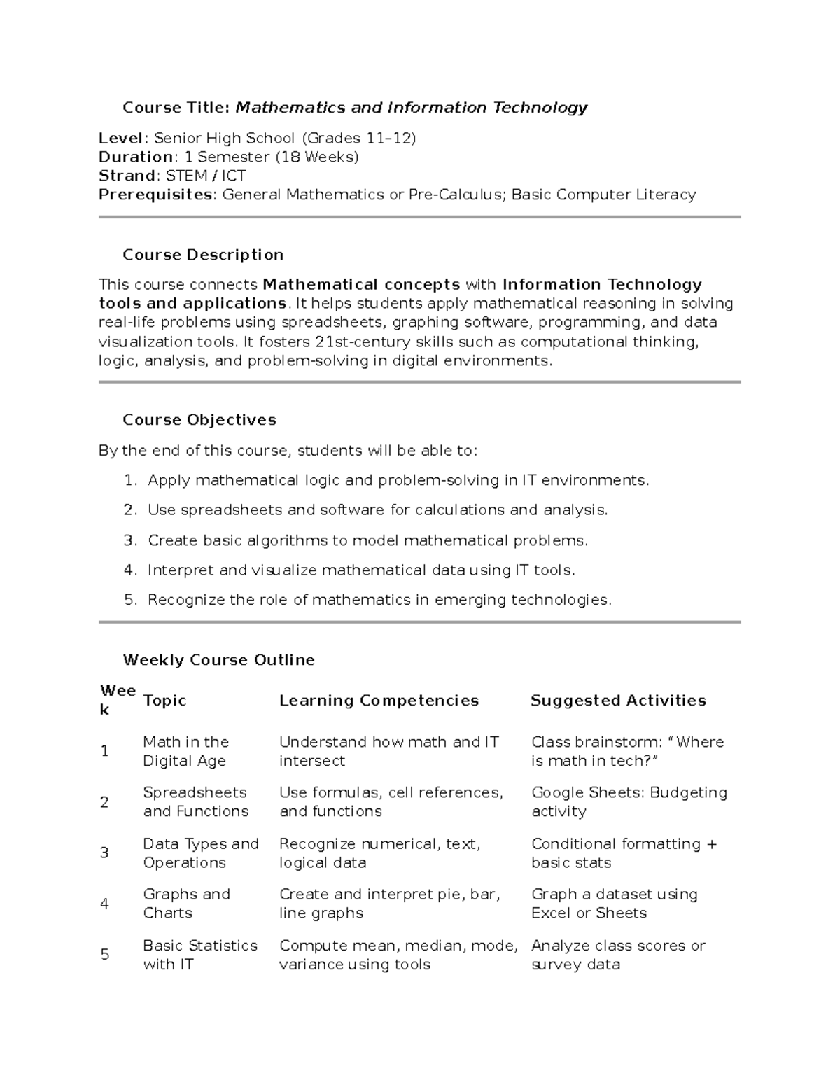 Math and IT (Syllabus) - Senior High School STEM Course - Studocu