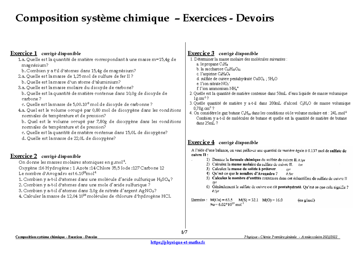 Composition Système Chimique - Exercices Corrigés et Devoirs - Studocu