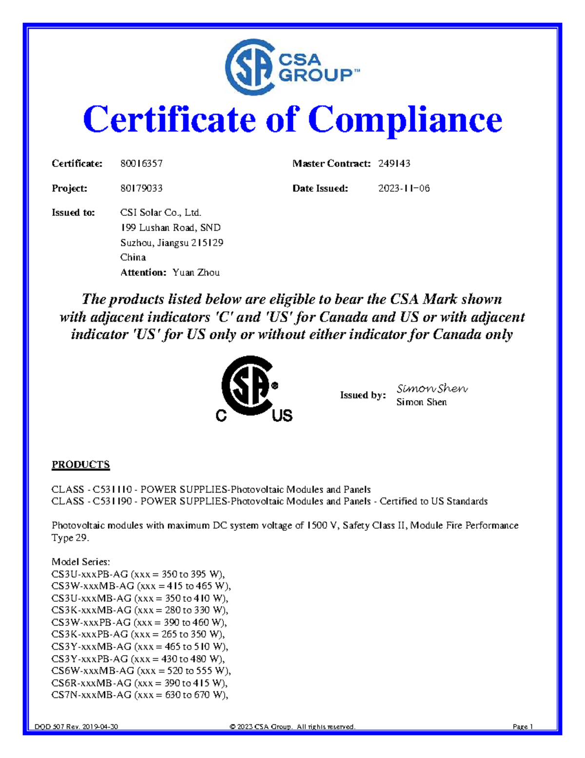 Certificate of Compliance: CSA Mark for Project 80179033 - Studocu