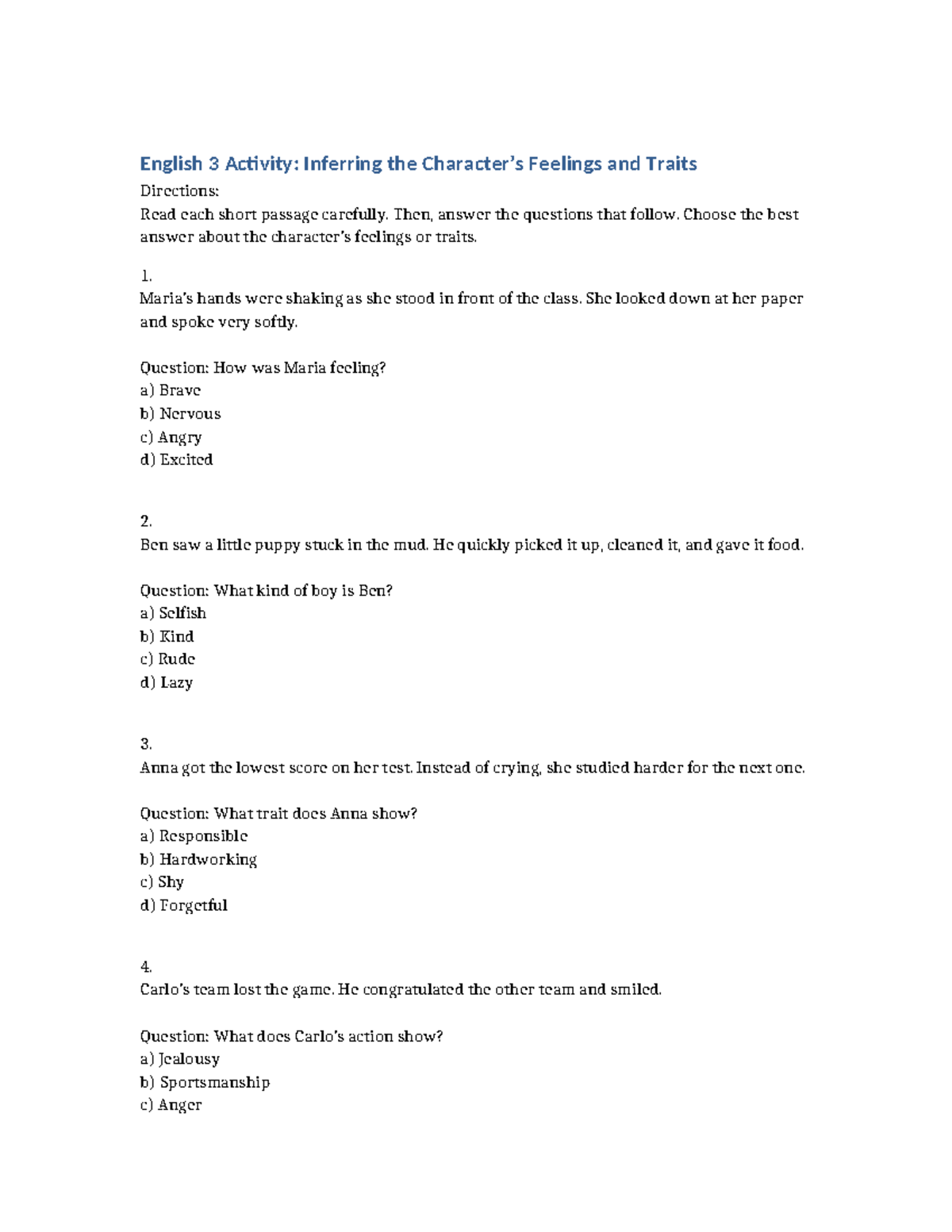 Grade 3 English Activity: Inferring Feelings & Traits - Studocu