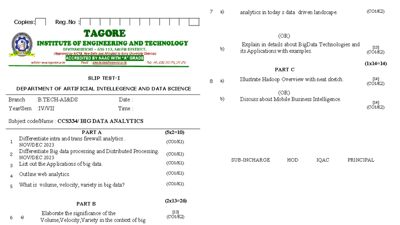 BIG DATA ANALYTICS UNIT 1 QP - Notes for AI & DS 2023 - Studocu