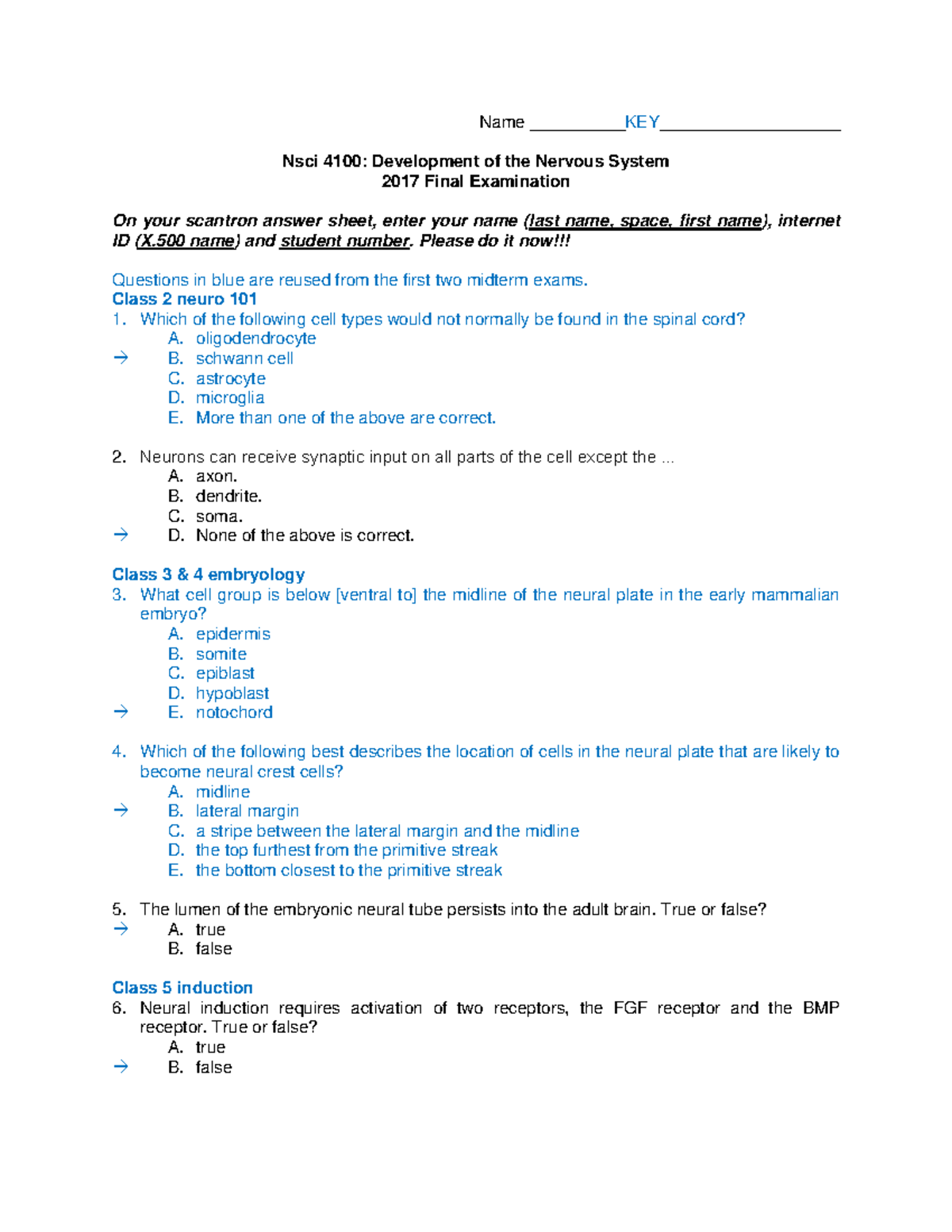 Nsci 4100: Development of the Nervous System 2017 Final Exam Review ...