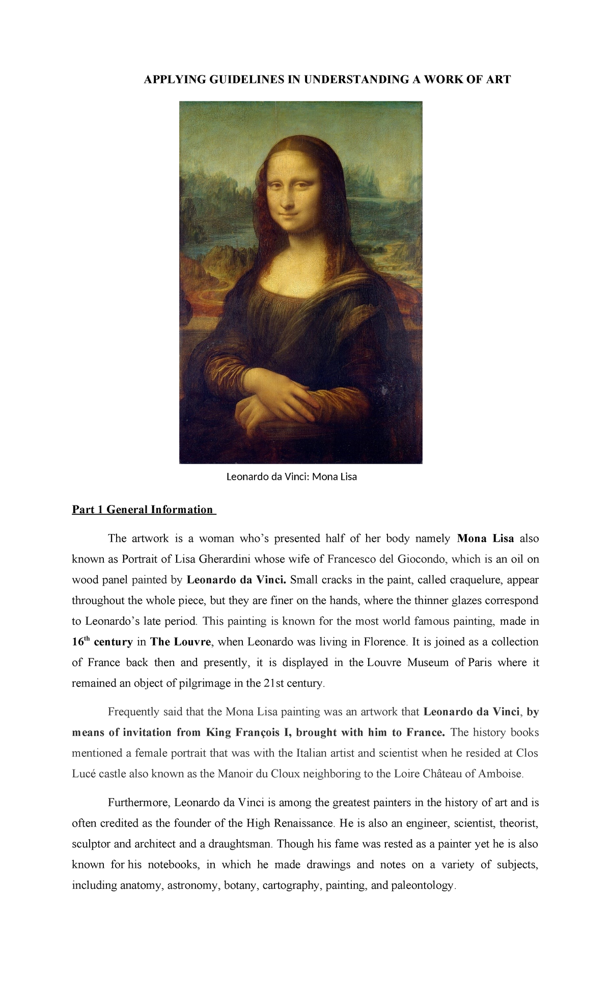 APPLYING GUIDELINES TO UNDERSTAND DA VINCI'S MONA LISA (ART 101) - Studocu