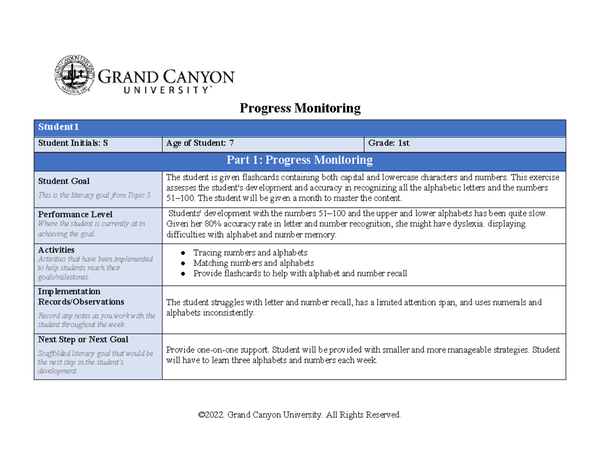 ECS-475-T7 Progress Monitoring: Literacy Goals & Student Activities ...