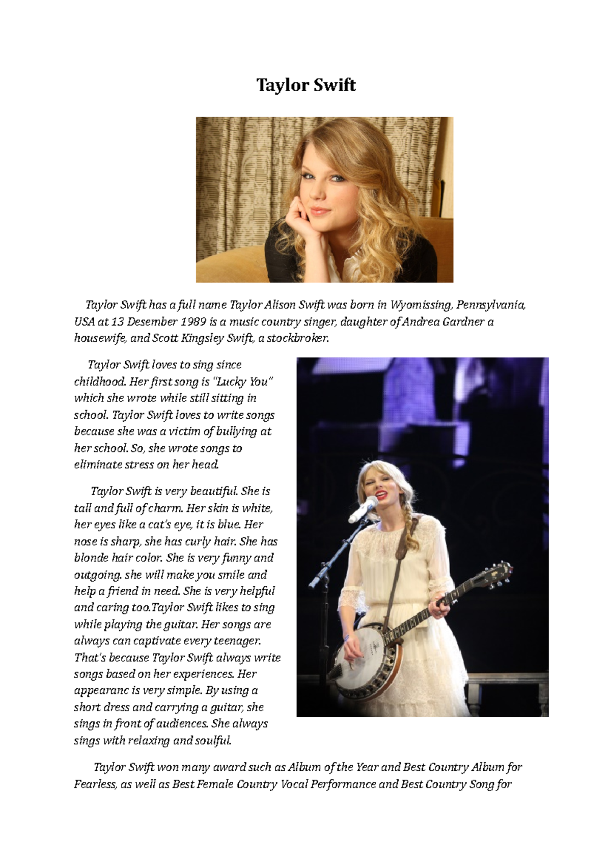Biography of Taylor Swift: A Journey Through Music and Awards - Studocu