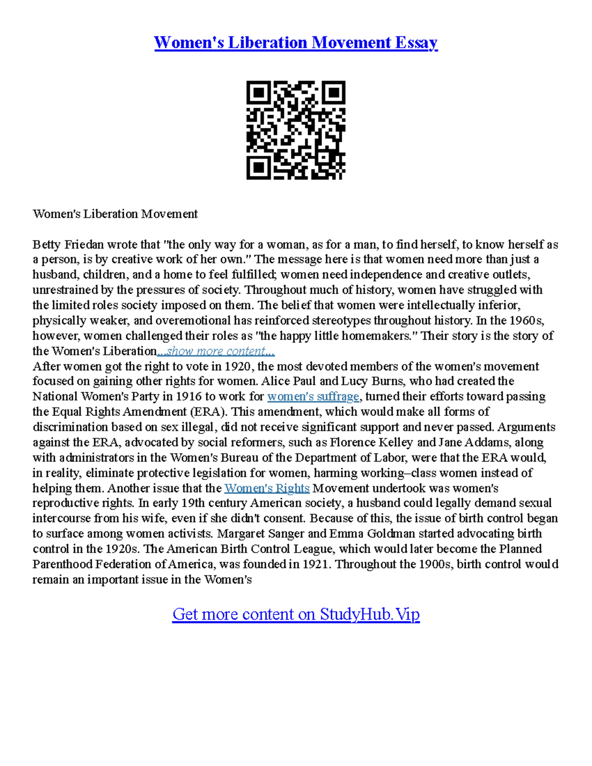 Essay Lib Essay Lib - Women's Liberation Movement Essay Women's ...