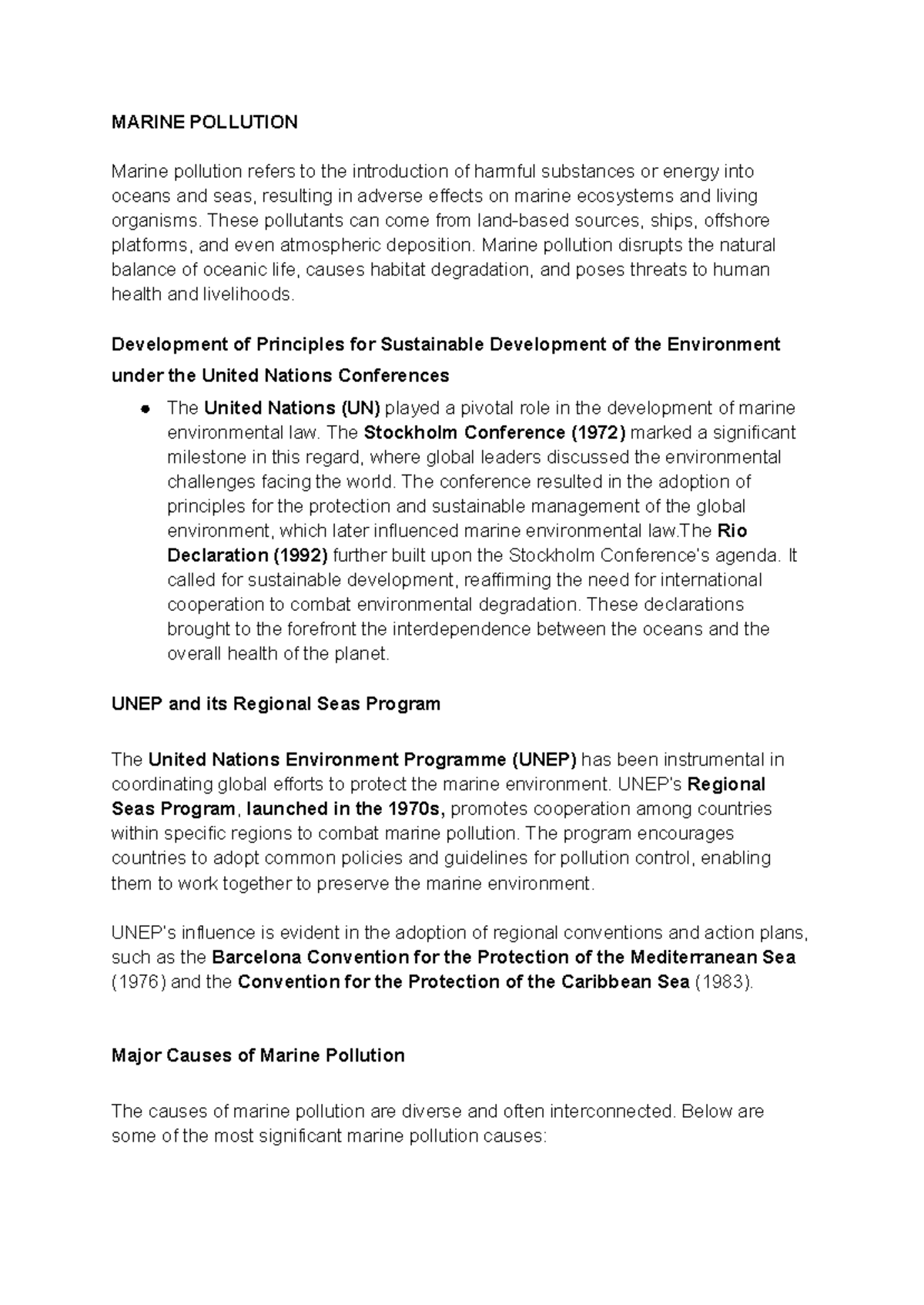 Marine Pollution: Causes, Effects, and Legal Frameworks (ENV 101) - Studocu