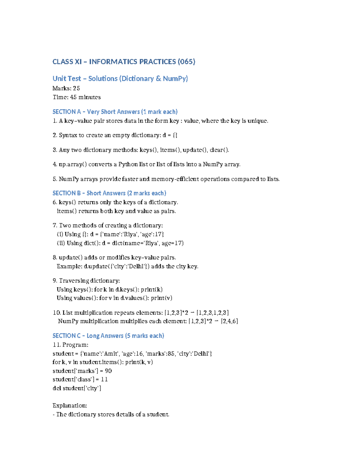 CLASS XI INFORMATICS PRACTICES (065) Unit Test Solutions on ...