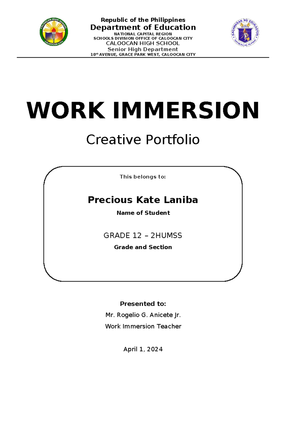 Creative Portfolio for Work Immersion - G12 2HUMSS by Precious Kate ...