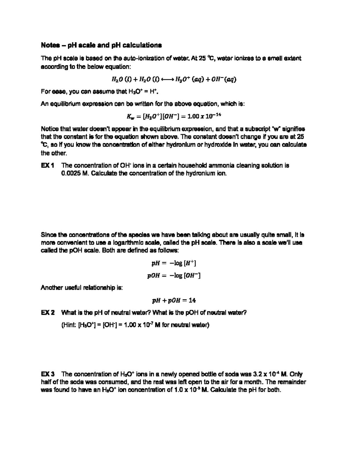 PH Scale and Calculations Notes for Chemistry 101 - Studocu