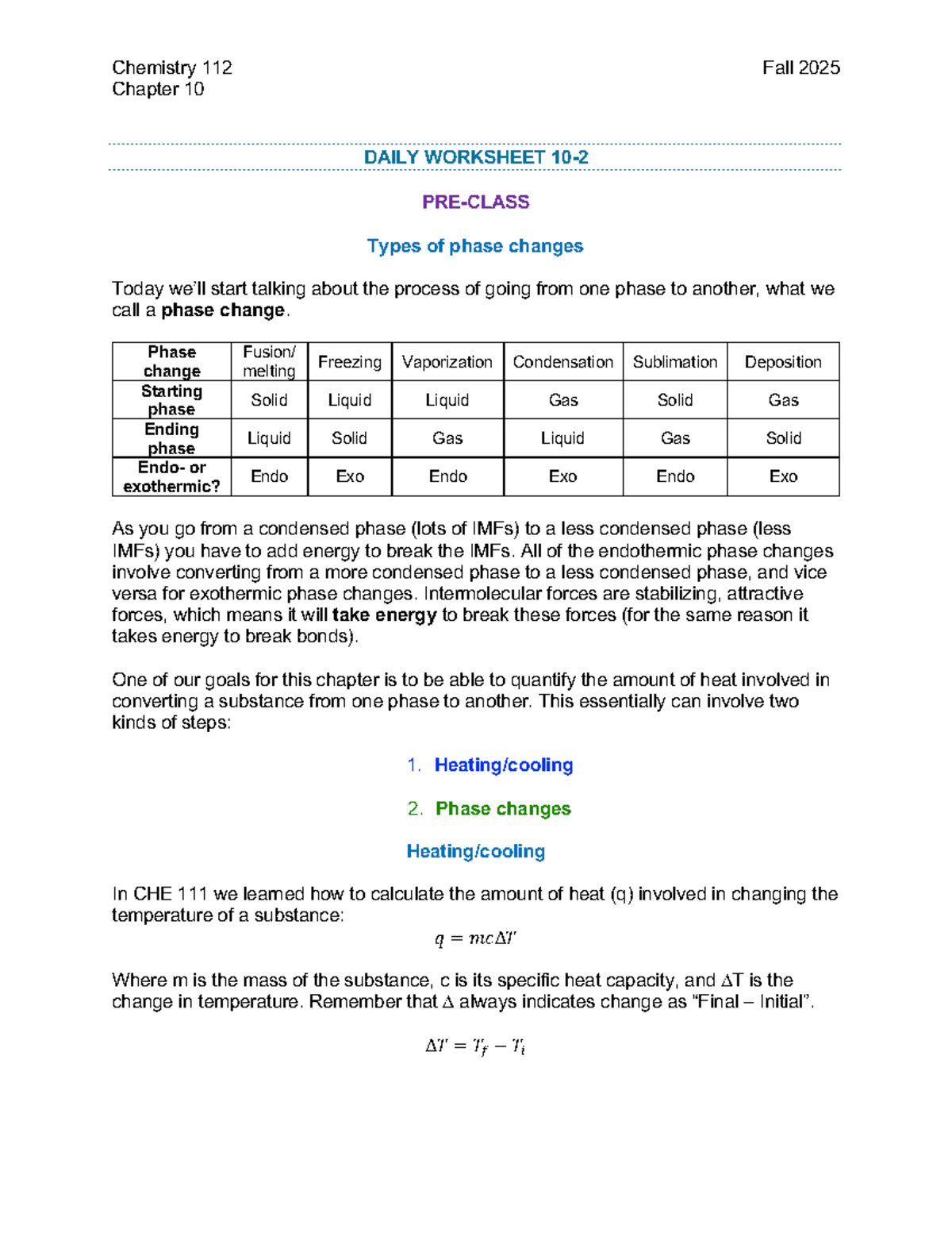 Chemistry 112 Fall 2025: Chapter 10 - Phase Changes & Heating Curves ...