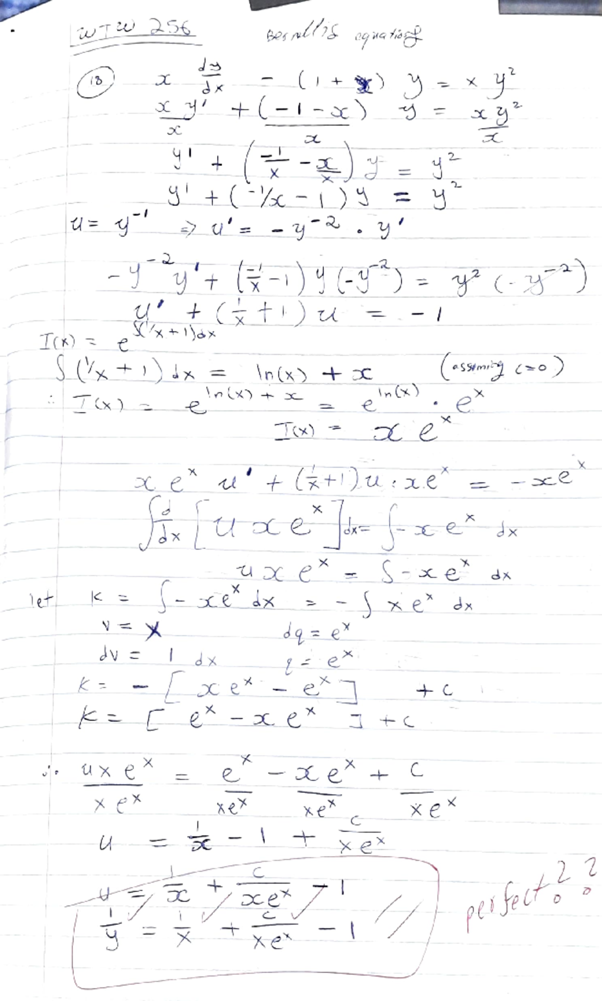 WTW 256 Bernoulli Equation Example - WTW 256 - let -y k= ux e X ex xy' +(-x) y'+ X S(t)x = In(x ...