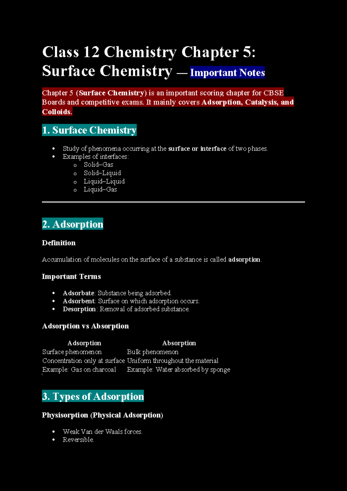 Class 12 Chemistry Chapter 5: Surface Chemistry Key Notes - Studocu