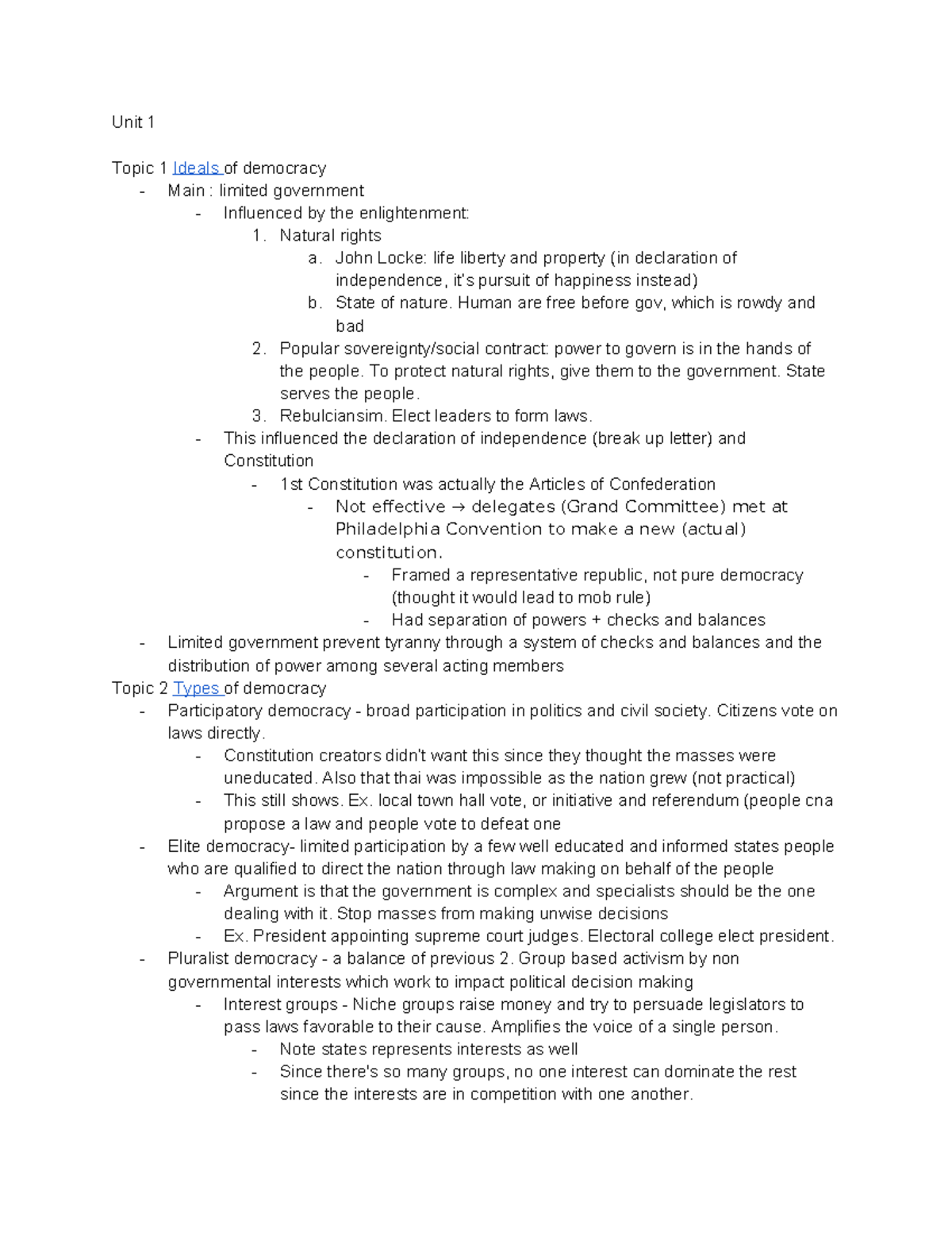 AP Gov Unit 1 Notes: Ideals, Democracy Types, and Federalism - Studocu