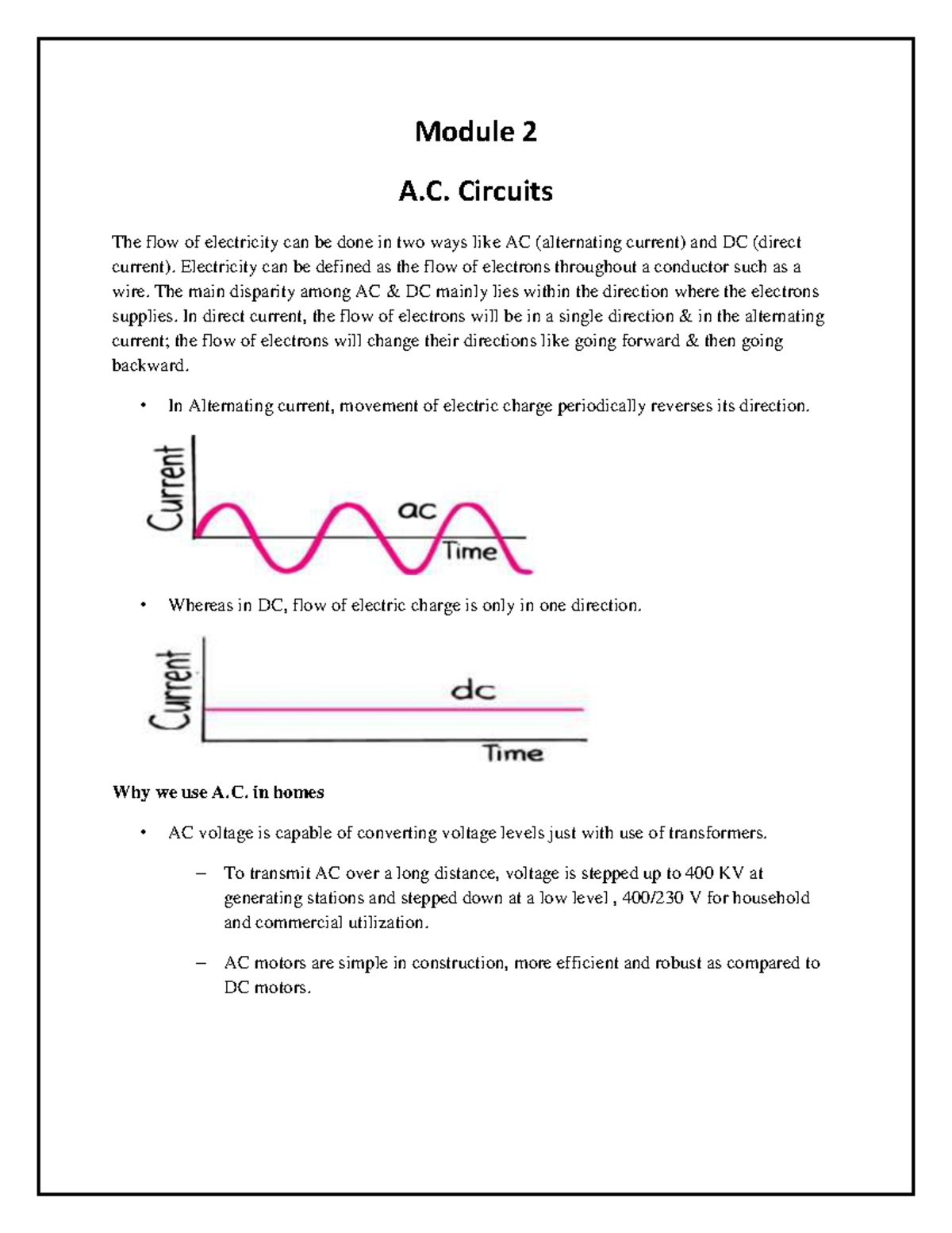 AC Circuits - Module 2 A. Circuits The flow of electricity can be done in two ways like AC - Studocu