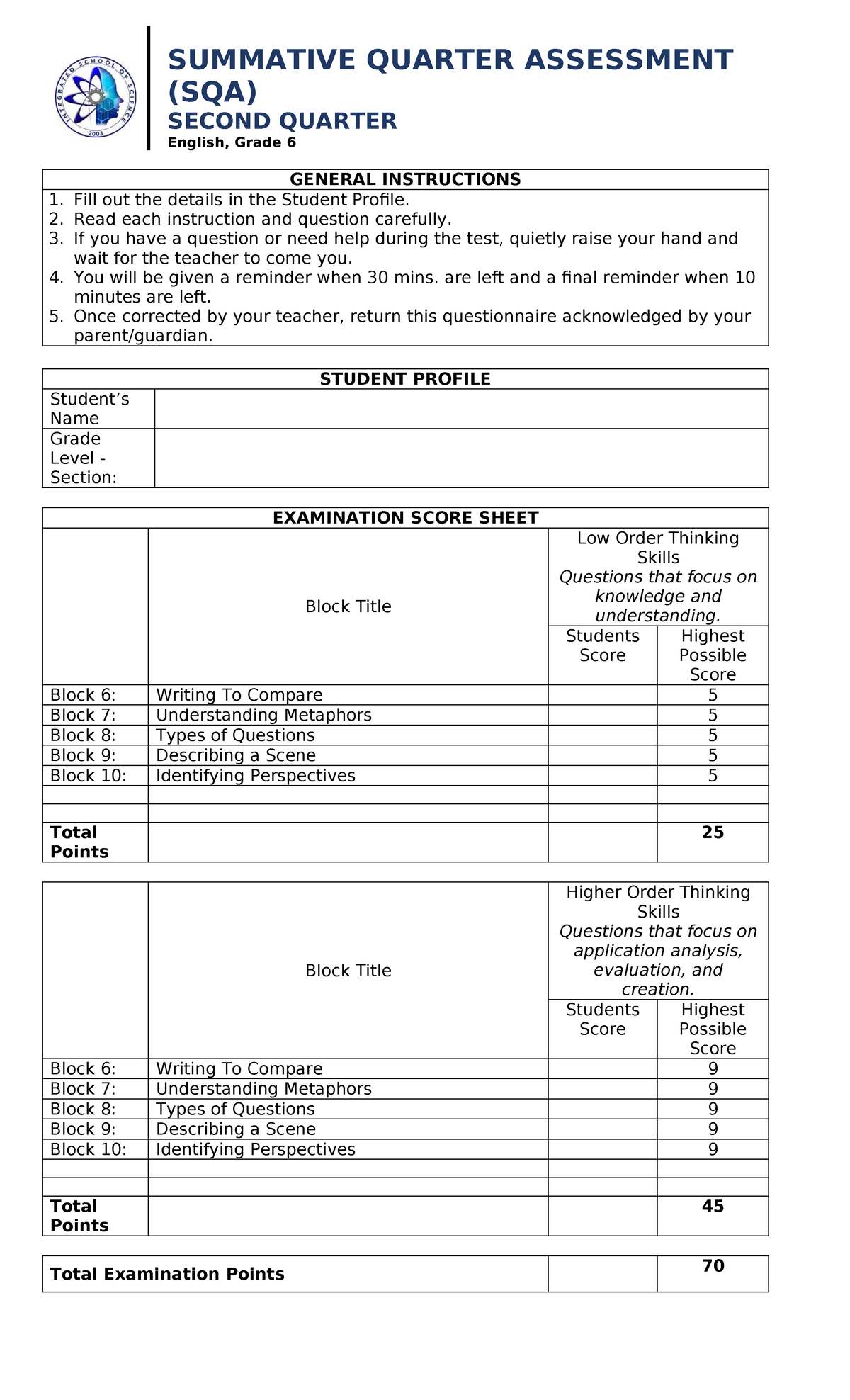Q1-ENG6-SQA - Sample Exam for XSEED English, Grade 6, 2nd Quarter - Studocu