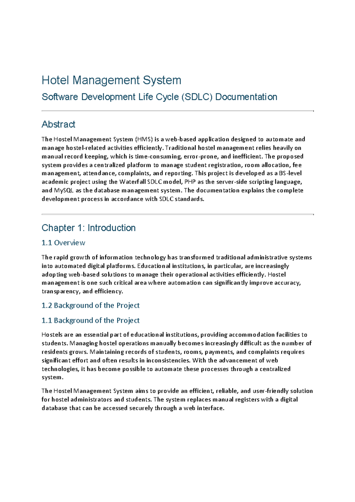 Hotel Management System (HMS) – SDLC Documentation Overview - Studocu