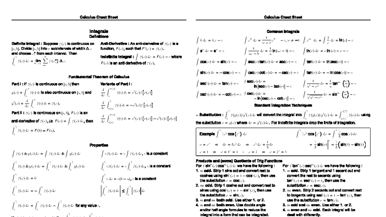 Calculus Cheat Sheet: Common Integrals and Techniques - Studocu