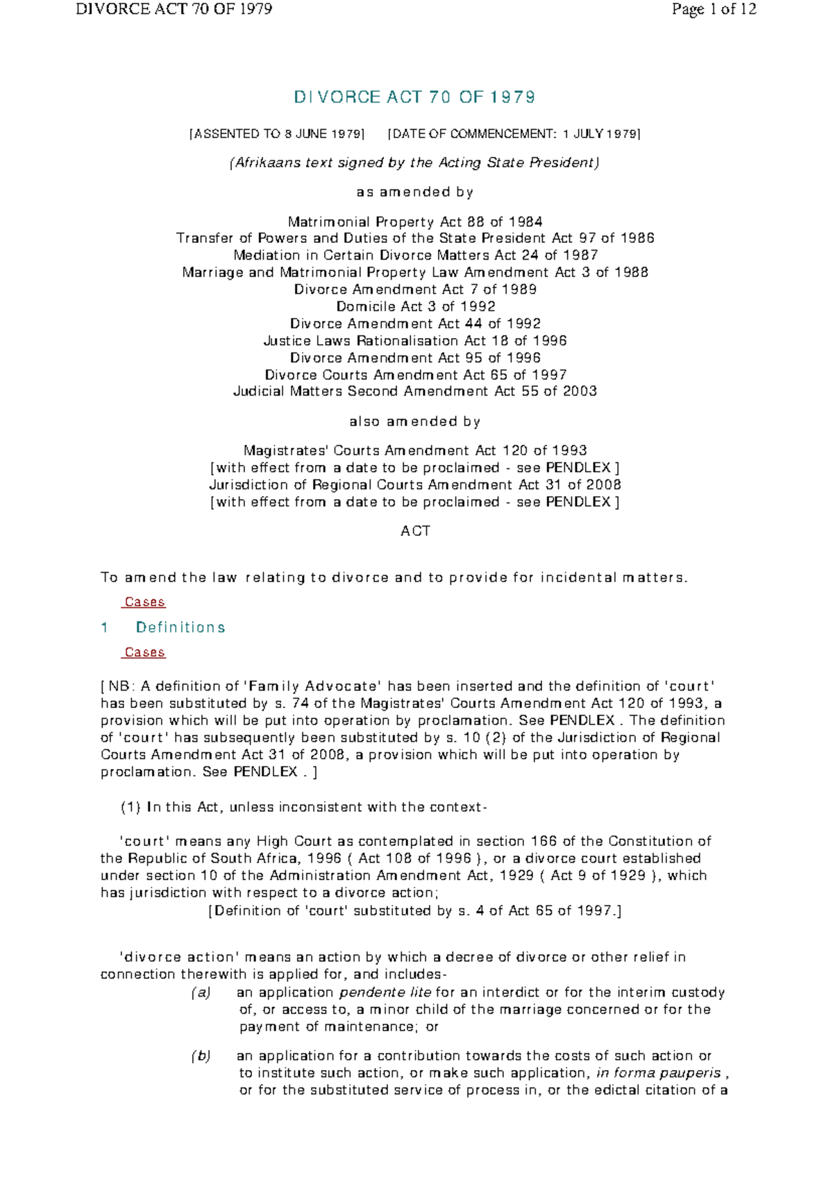 Divorce Act 70 of 1979: Comprehensive Overview and Amendments - Studocu