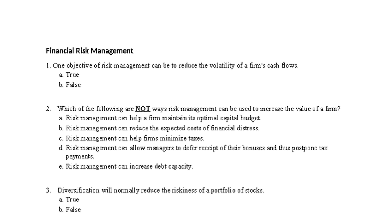 Financial Risk Management Quiz: Practice Questions 1 - Studocu