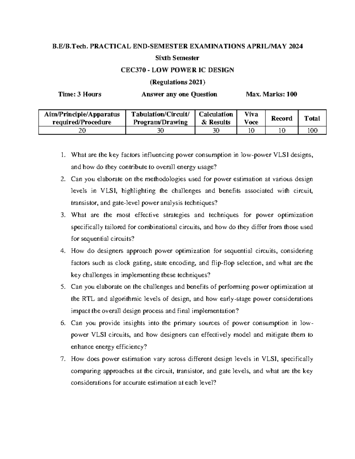 CEC370 Low Power IC Design Lab End-Sem Exam QP April/May 2024 - Studocu