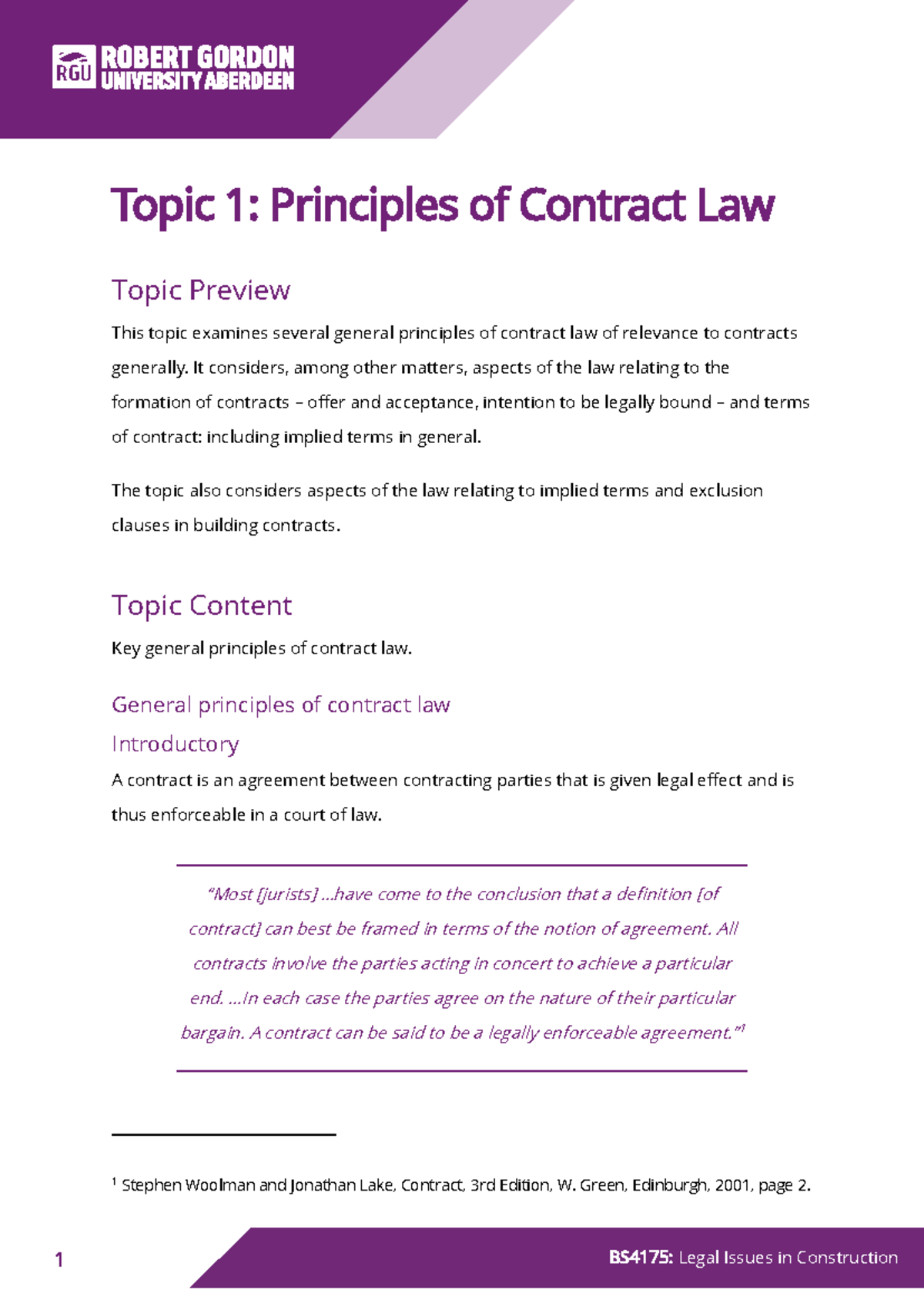 Topic 1: Key Principles of Contract Law (CL101 - Lecture Notes) - Studocu