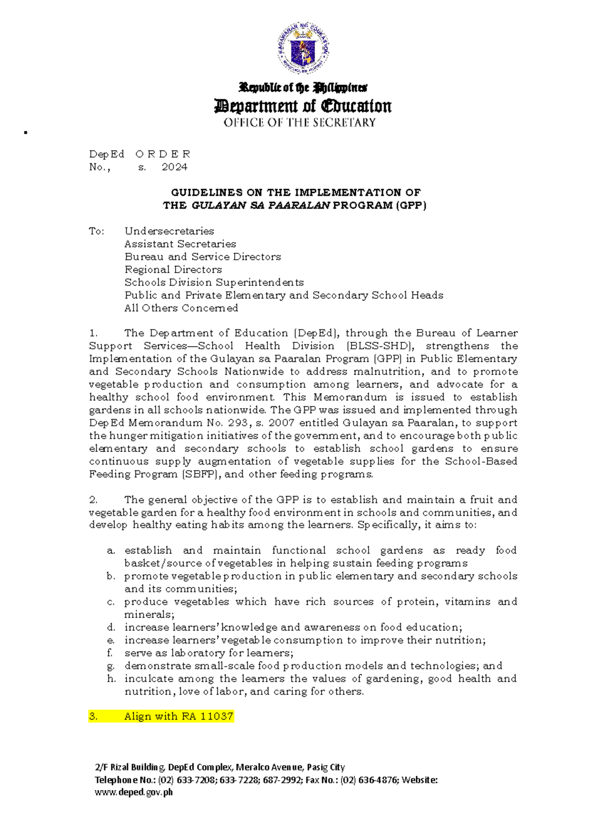 DepEd Order No. 2024: Guidelines for Gulayan sa Paaralan Program (GPP ...