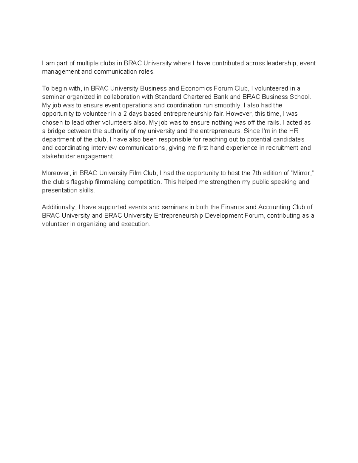 BRAC University Club Involvement: Leadership & Event Management (Spring ...
