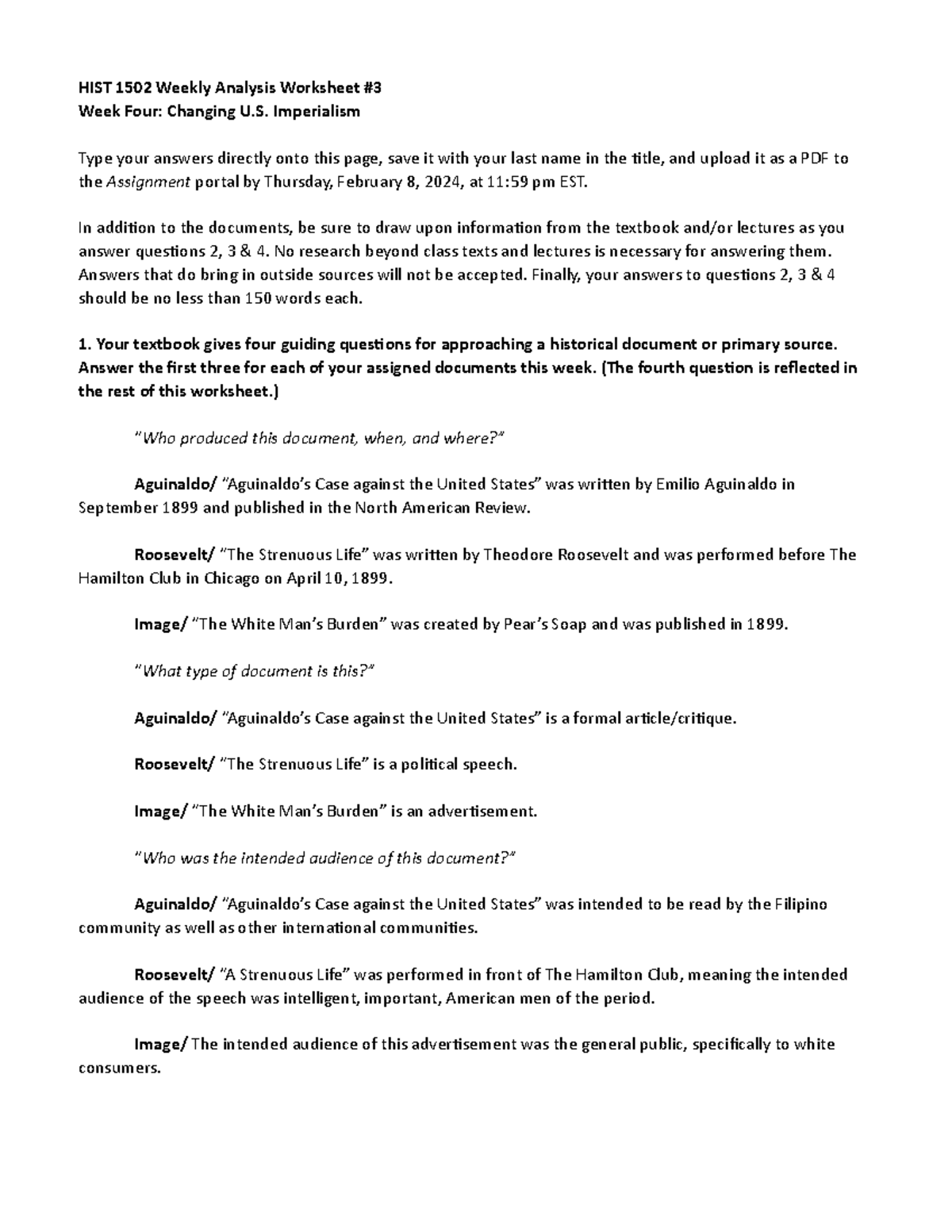 HIST 1502 Worksheet 3 Analysis: U.S. Imperialism & Perspectives - Studocu