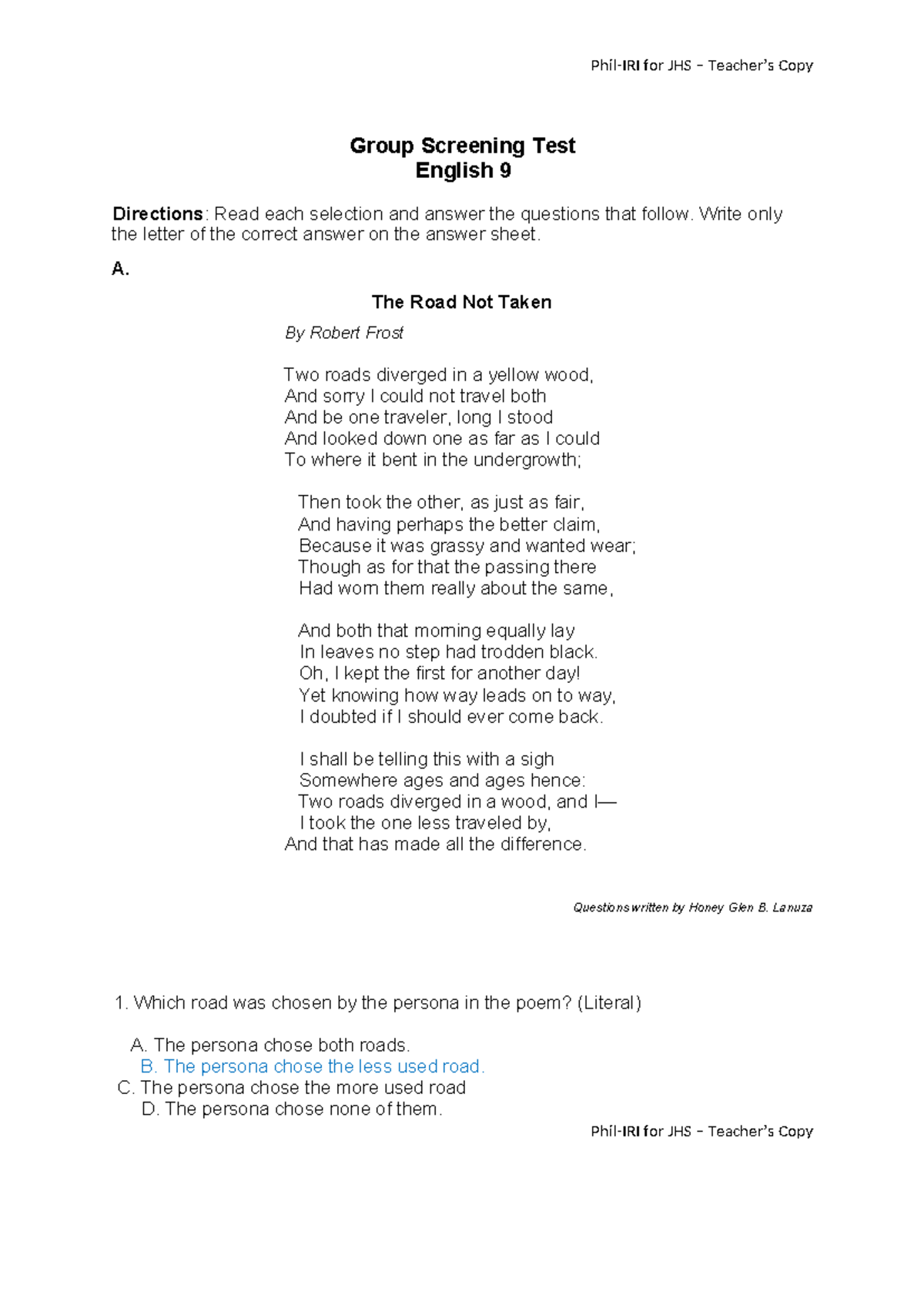 Phil-IRI Group Screening Test for English 9 – Teacher's Copy - Studocu