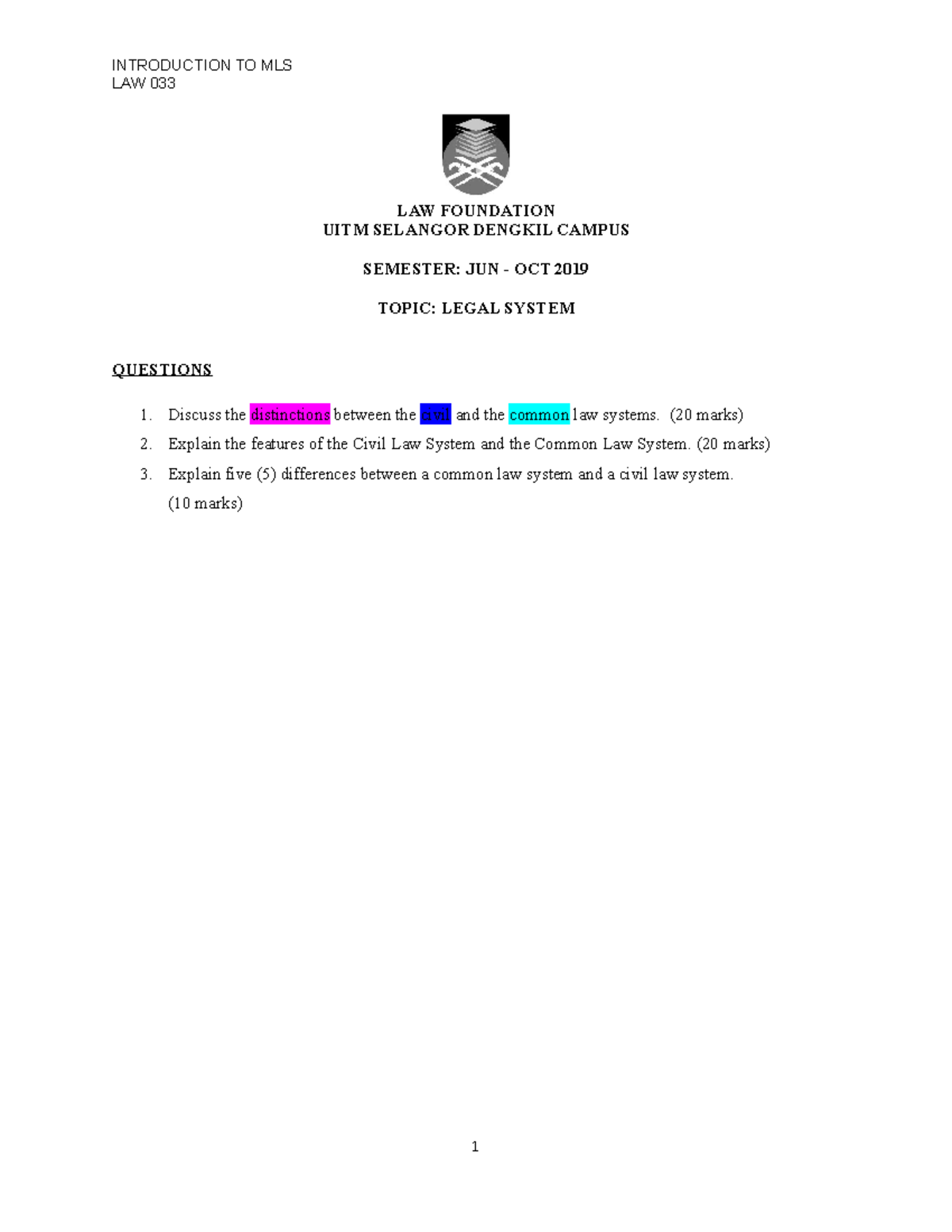 Tutorial 1 - law033 tuto, - INTRODUCTION TO MLS LAW 033 LAW FOUNDATION ...