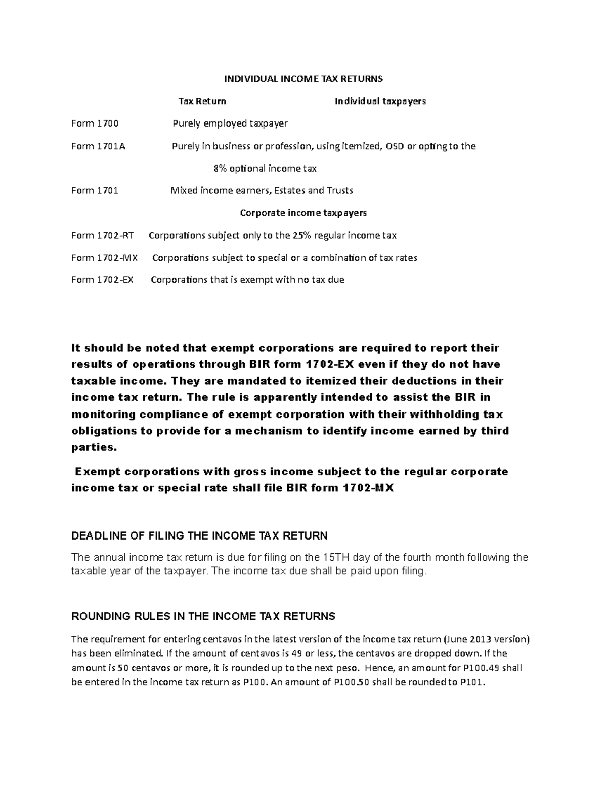 Individual Income TAX Returns - INDIVIDUAL INCOME TAX RETURNS Tax ...