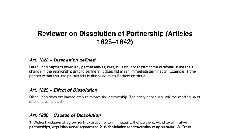Partnership Dissolution Reviewer: Key Articles & Effects - Studocu