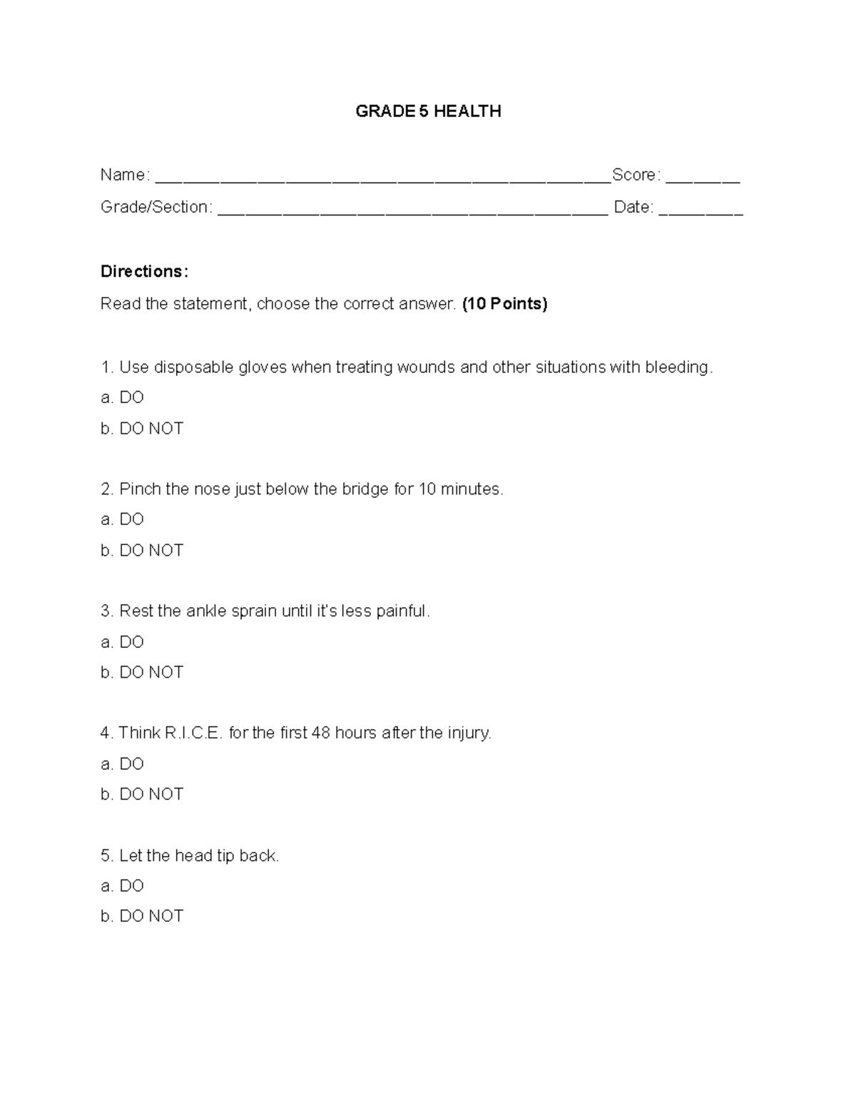 activity grade5 - GRADE 5 HEALTH Name ...