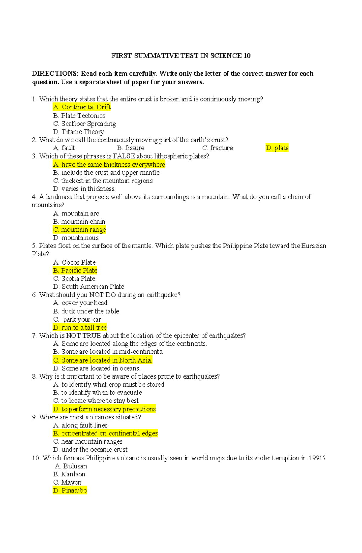 Science 10: Plate Tectonics Summative Test Review - Studocu