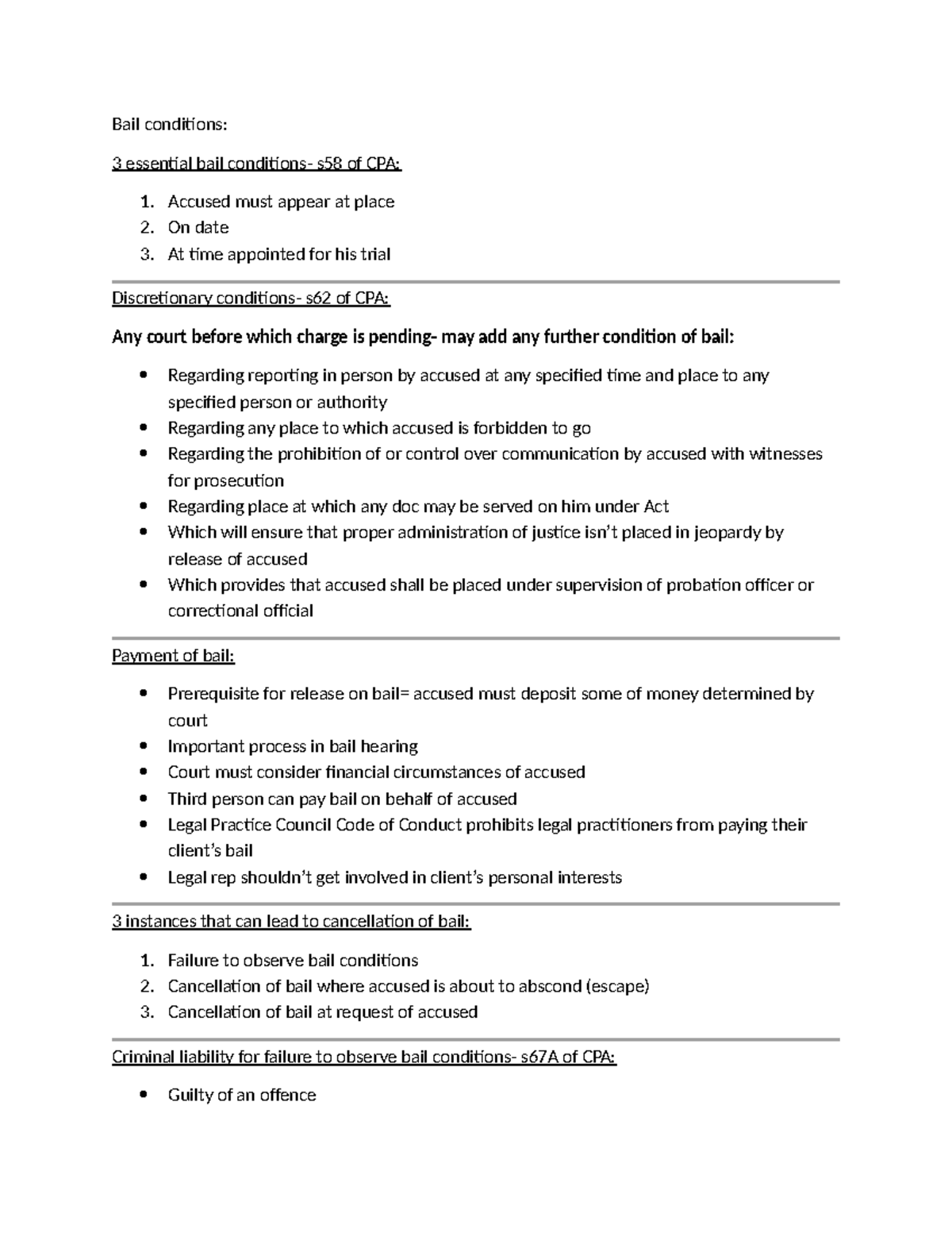 Bail Conditions Overview - Key Points from CPA Sections 58 & 62 - Studocu