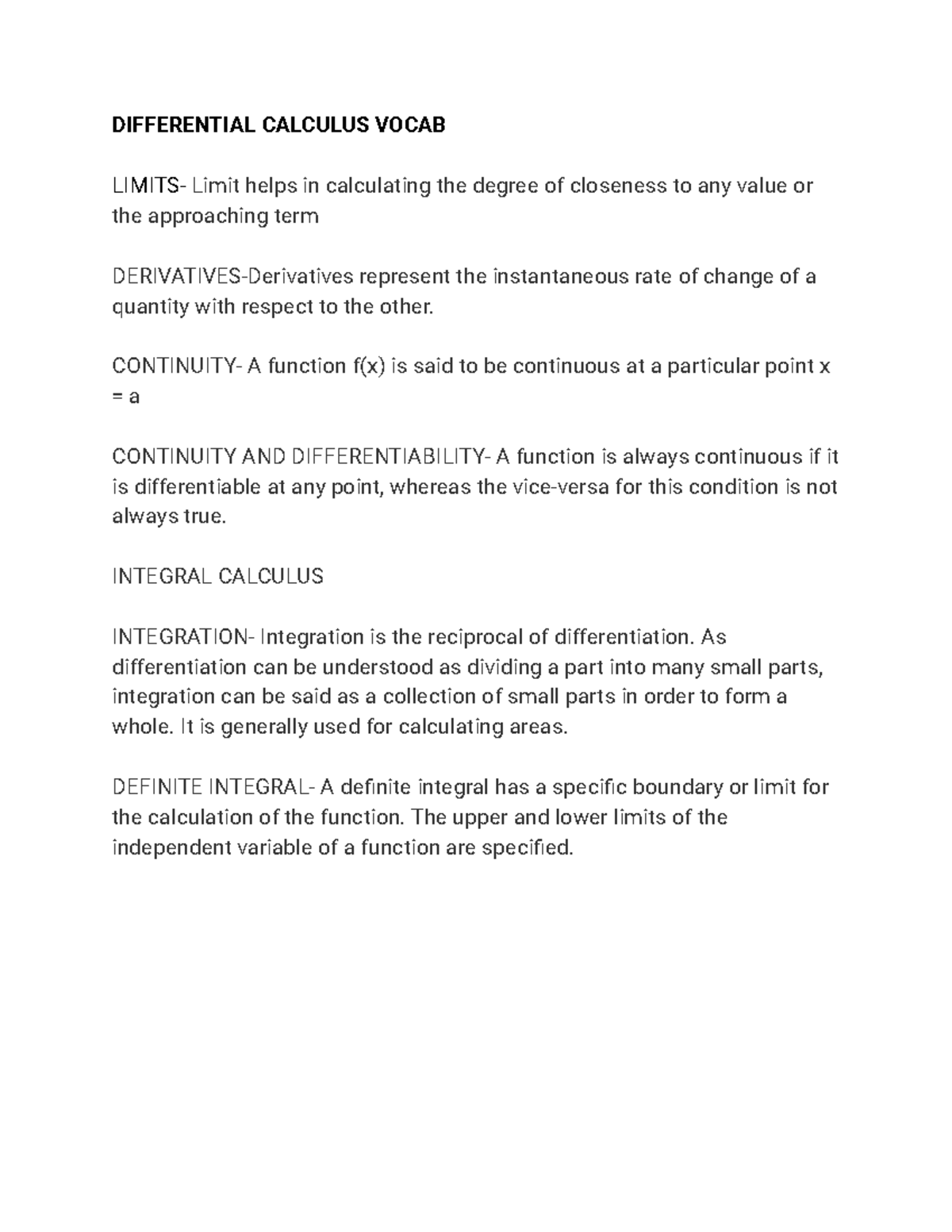 Differential Calculus Vocabulary Overview and Key Concepts - Studocu