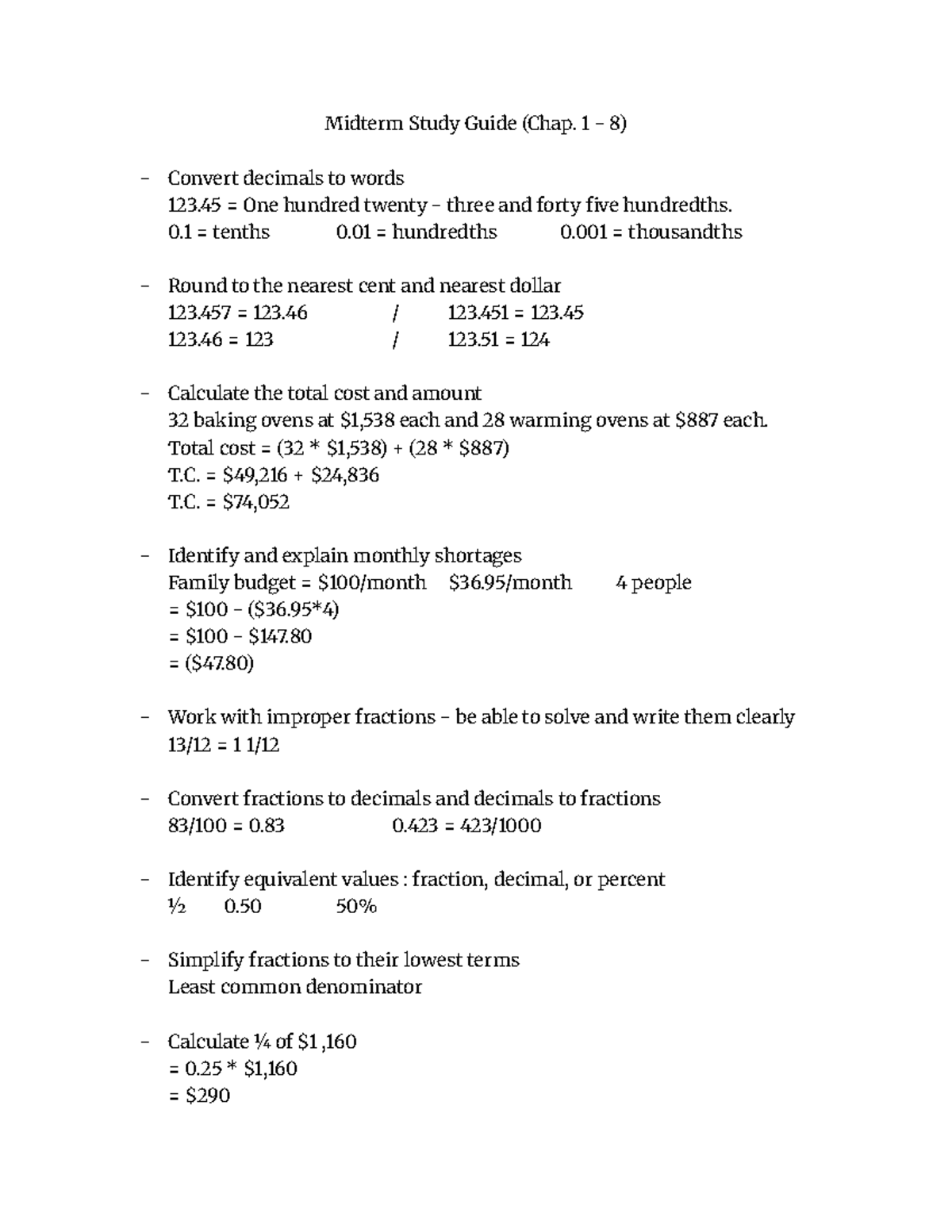 Midterm Study Guide (MATH 101): Decimals, Fractions, and Budgeting ...