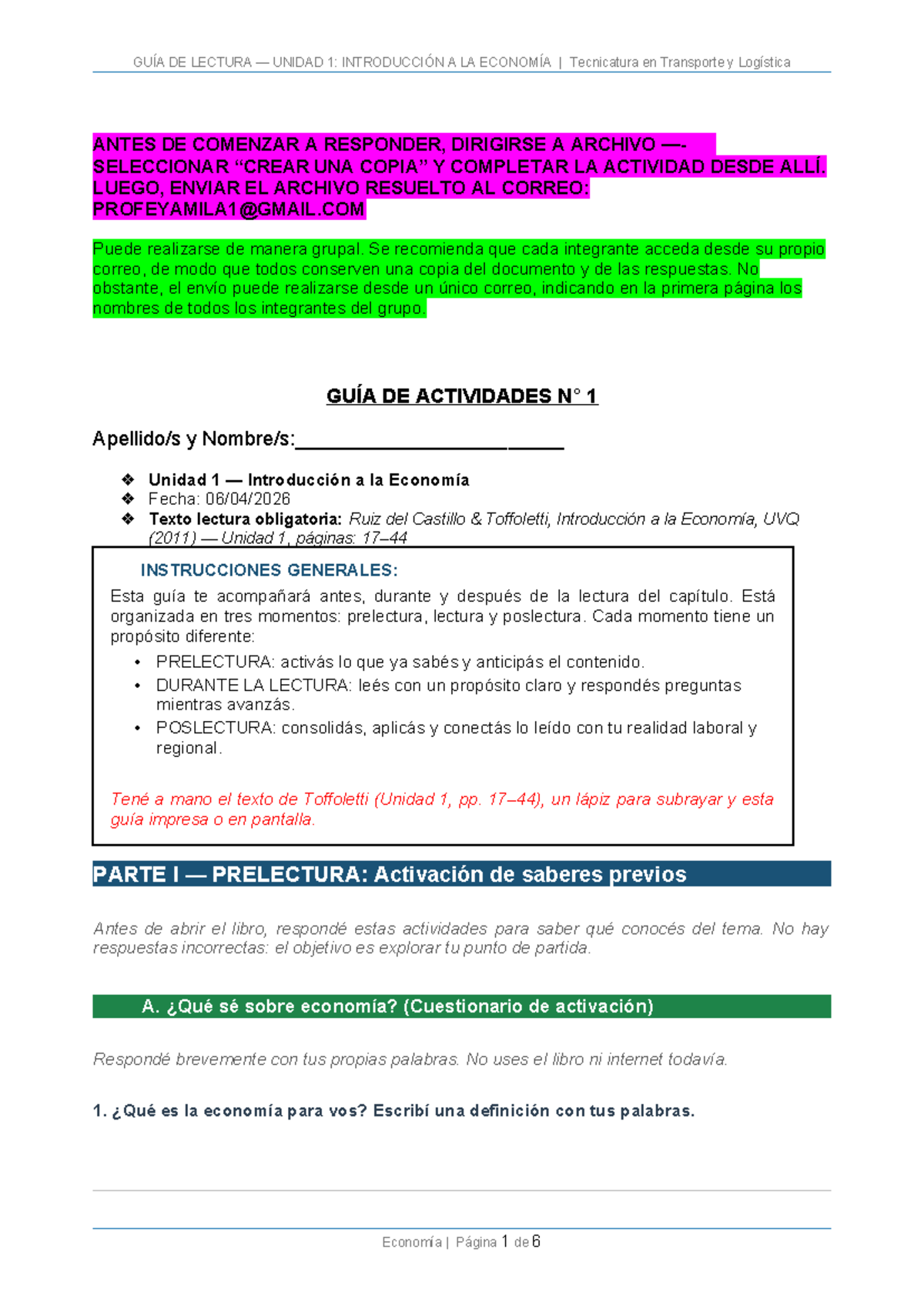 GUÍA DE LECTURA UNIDAD 1: INTRODUCCIÓN A LA ECONOMÍA - Tecnicatura en ...