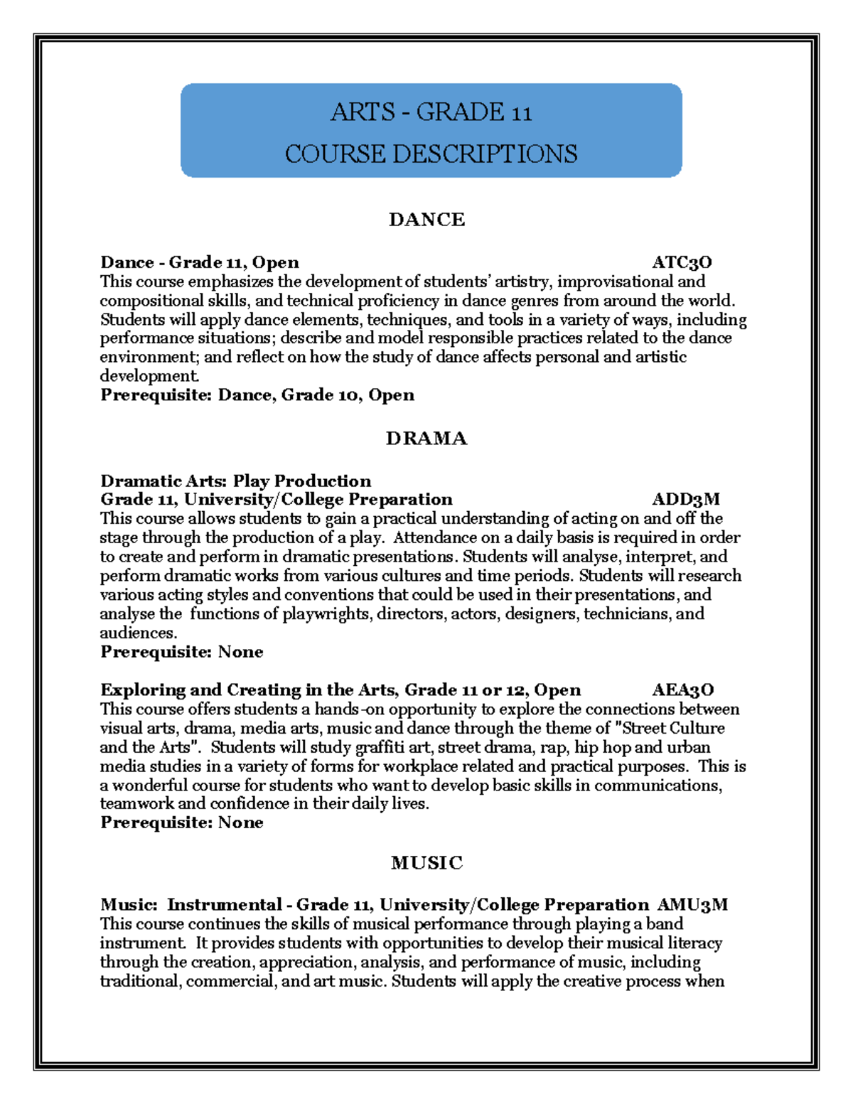 Grade 11 Arts Electives Overview: Dance, Drama, Music & Visual Arts ...